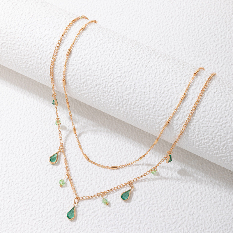 Just Lil Things-Layered Chain with Green Teardrop Charms & Crystal Acc